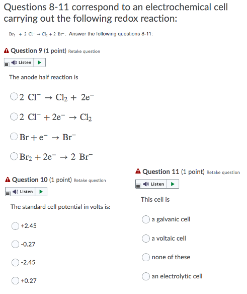 Solved Questions 8-11 correspond to an electrochemical cell | Chegg.com