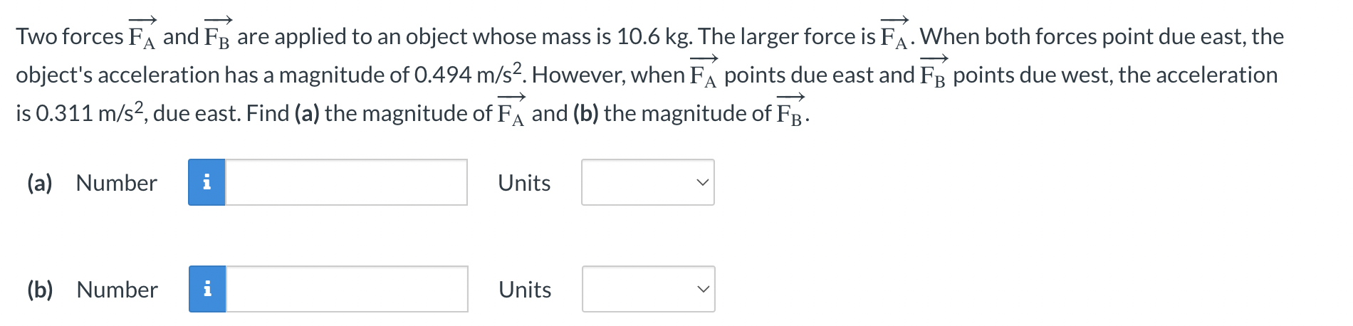Solved Two forces vec(FA) ﻿and vec(FB) ﻿are applied to an | Chegg.com