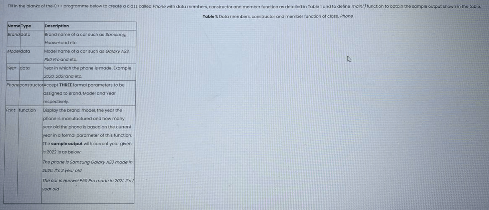 Solved Table 1: Data members, constructor and member | Chegg.com