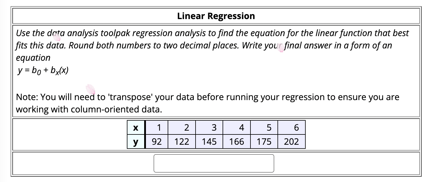 Solved Linear Regression Use the data analysis toolpak | Chegg.com