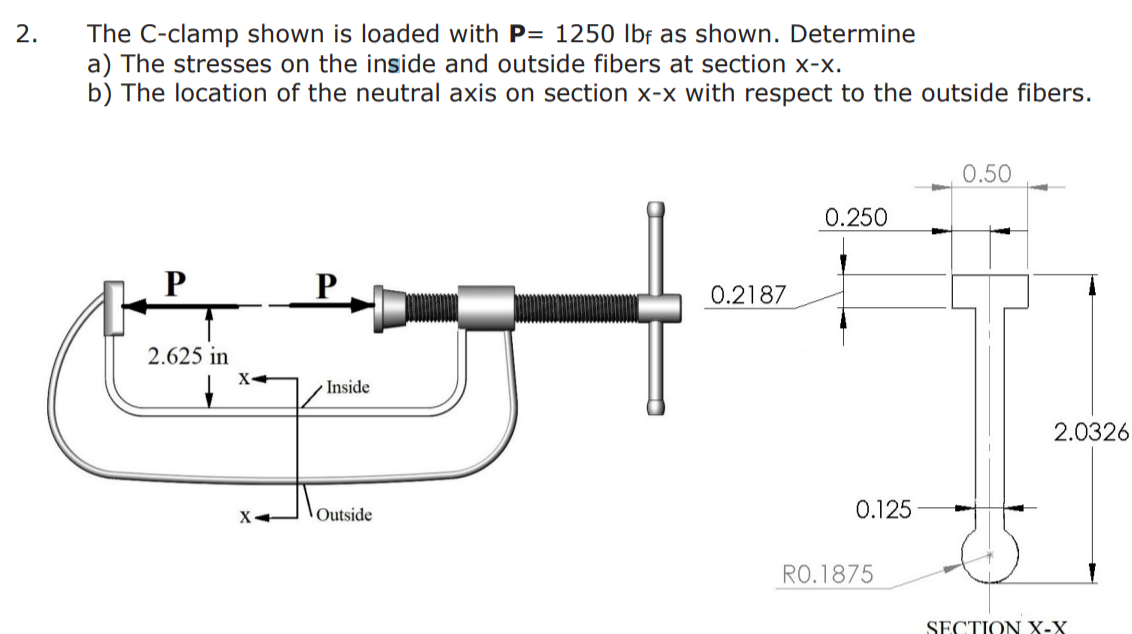 Solved 2. The C-clamp shown is loaded with P= 1250 lbf as | Chegg.com