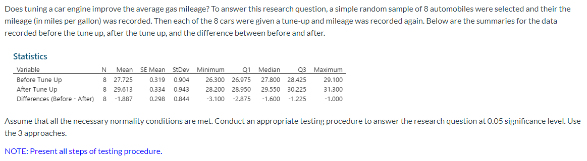 Solved Does tuning a car engine improve the average gas | Chegg.com