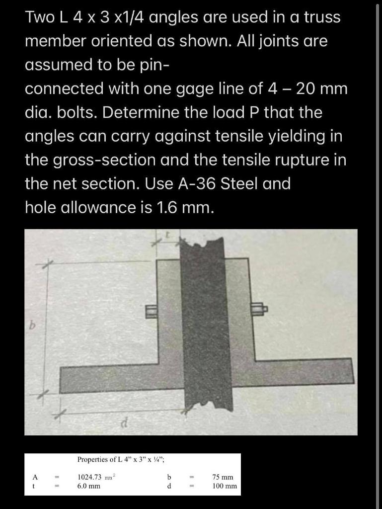 Solved Two L 4 x 3 x1/4 angles are used in a truss member | Chegg.com