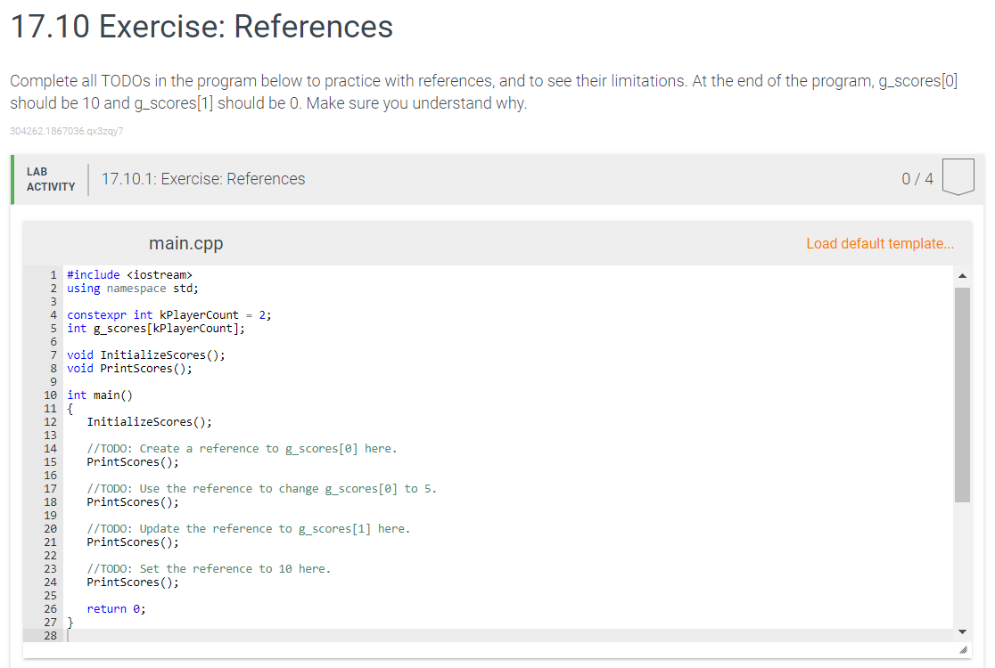 Solved 17.10 Exercise: References Complete all TODOs in the | Chegg.com