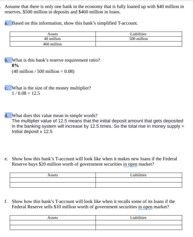 Solved Assume that there is only one bank in the economy | Chegg.com