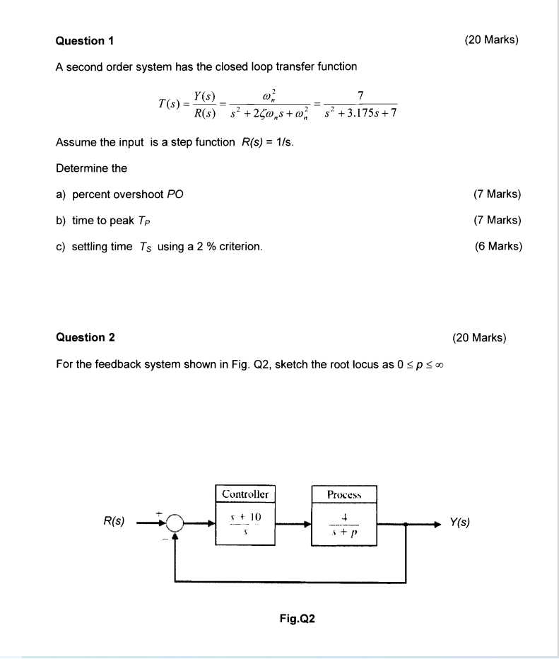 Solved Question 1 (20 Marks) A second order system has the | Chegg.com