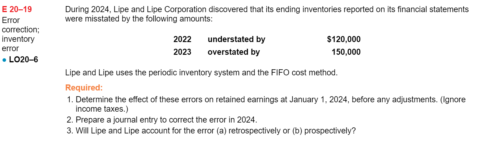 Solved E 20-19 Error correction; inventory error During | Chegg.com