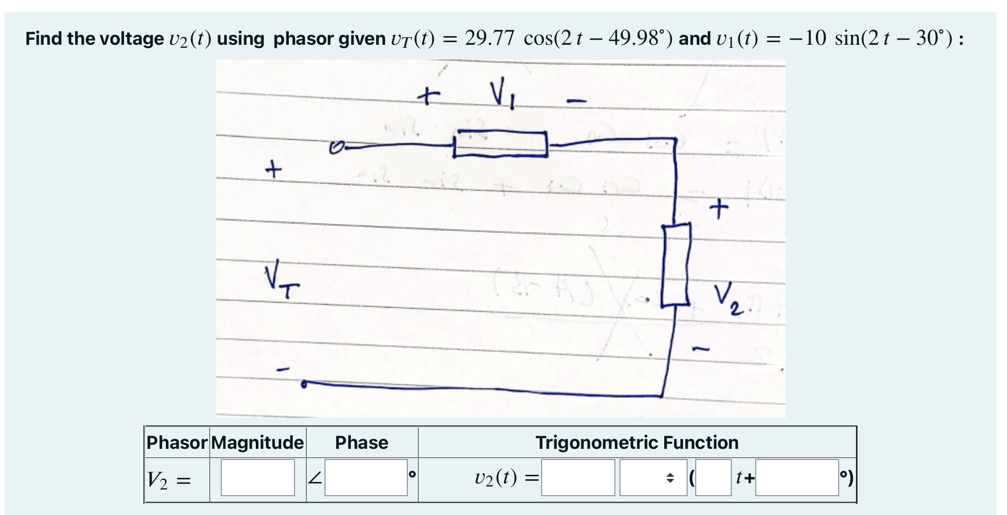 Solved Find the voltage v2(t) using phasor given | Chegg.com