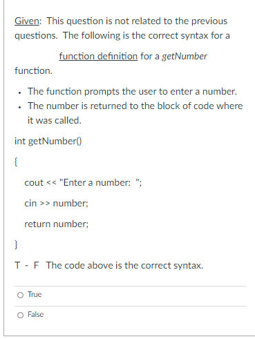 Solved Given: A function prototype named: getNumber has | Chegg.com