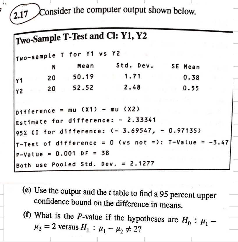 Solved (2.17 Consider the computer output shown below. | Chegg.com