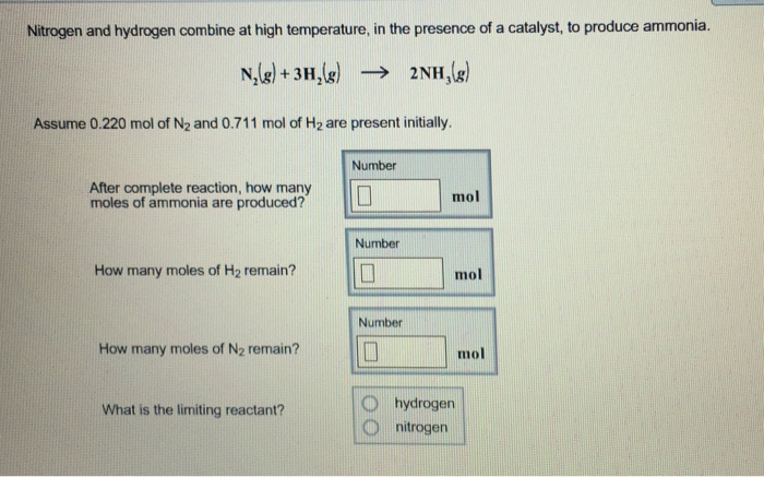 Solved Nitrogen and hydrogen combine at high temperature, in | Chegg.com