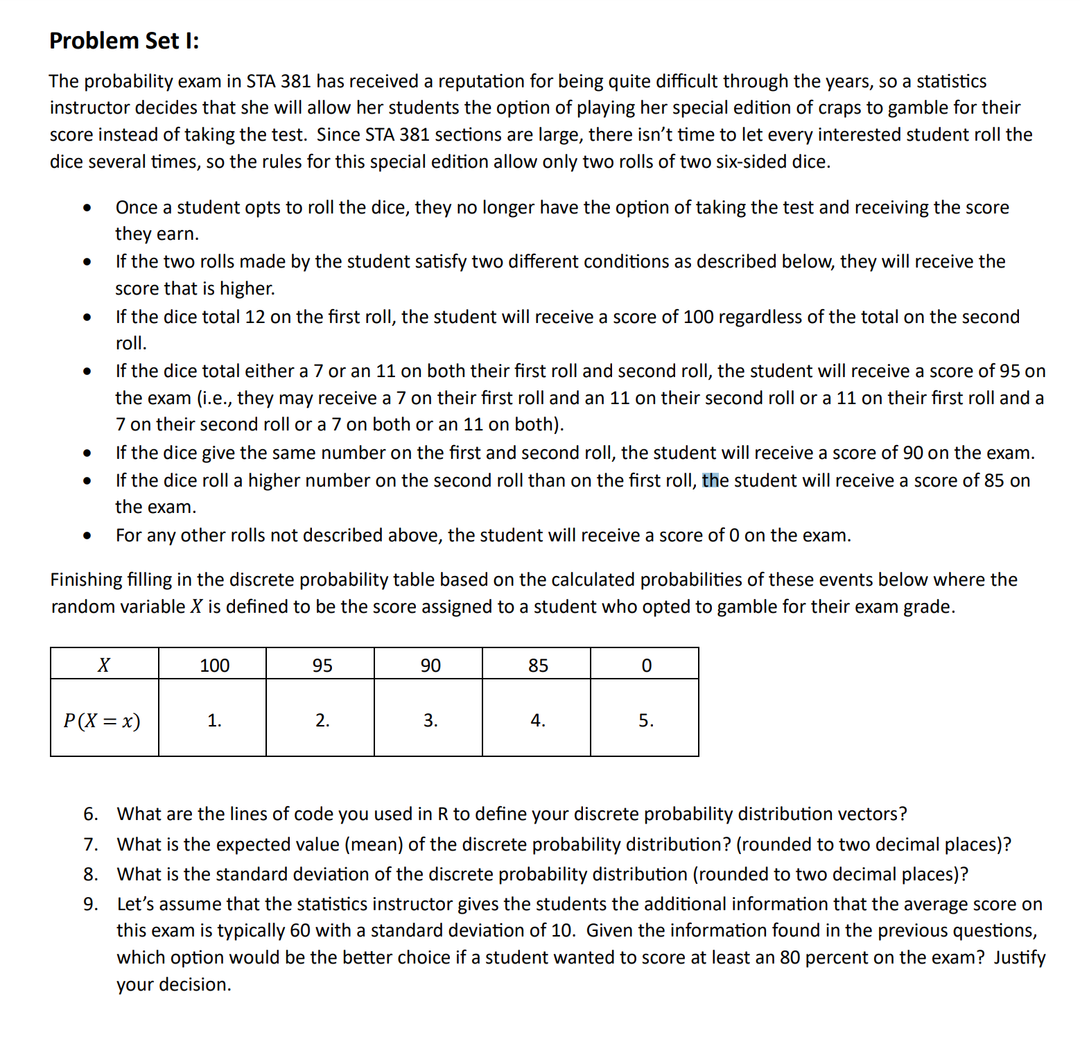 Solved Problem Set I:The probability exam in STA 381 ﻿has | Chegg.com
