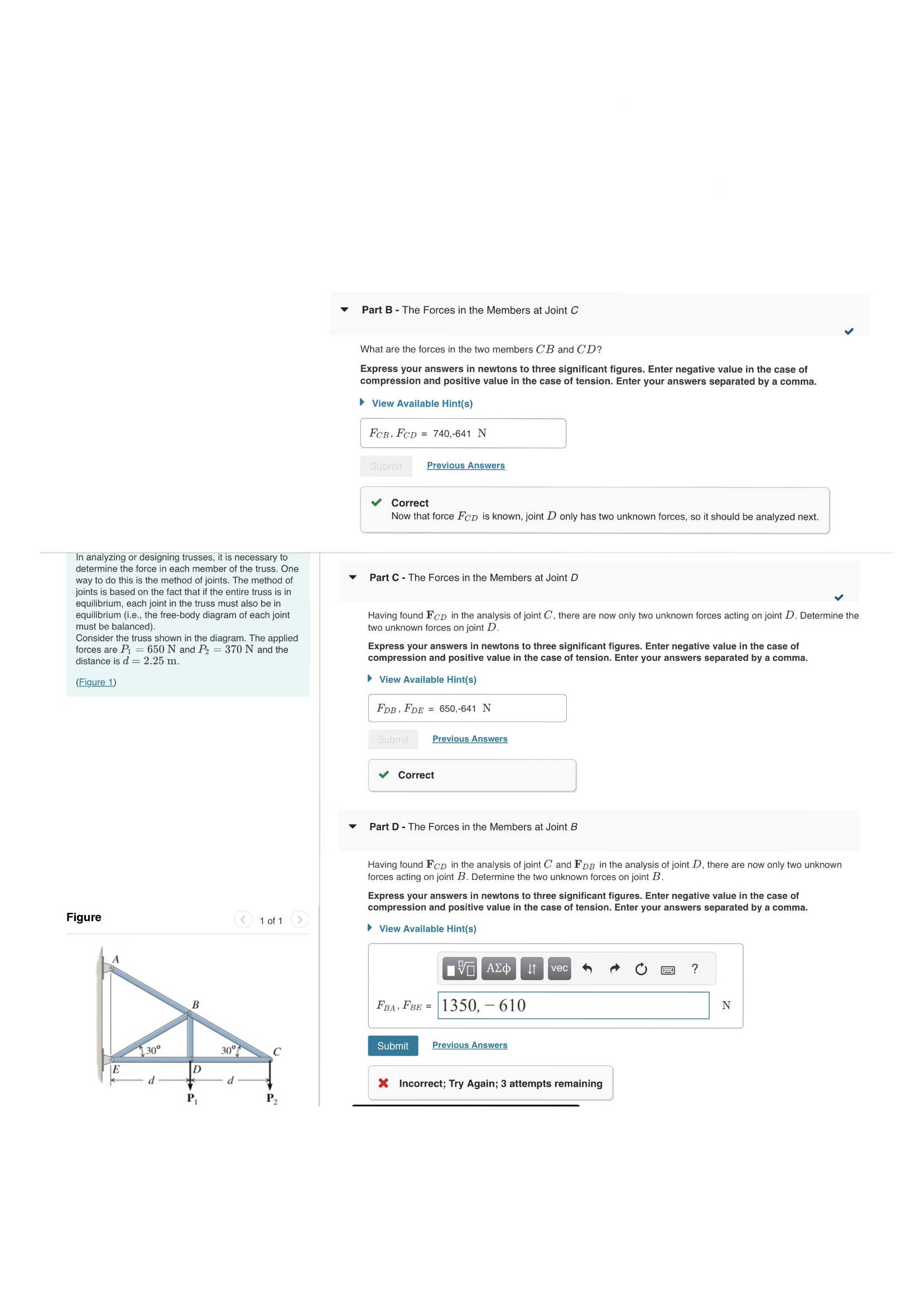 Solved Part C - ﻿The Forces in the Members at Joint DHaving | Chegg.com