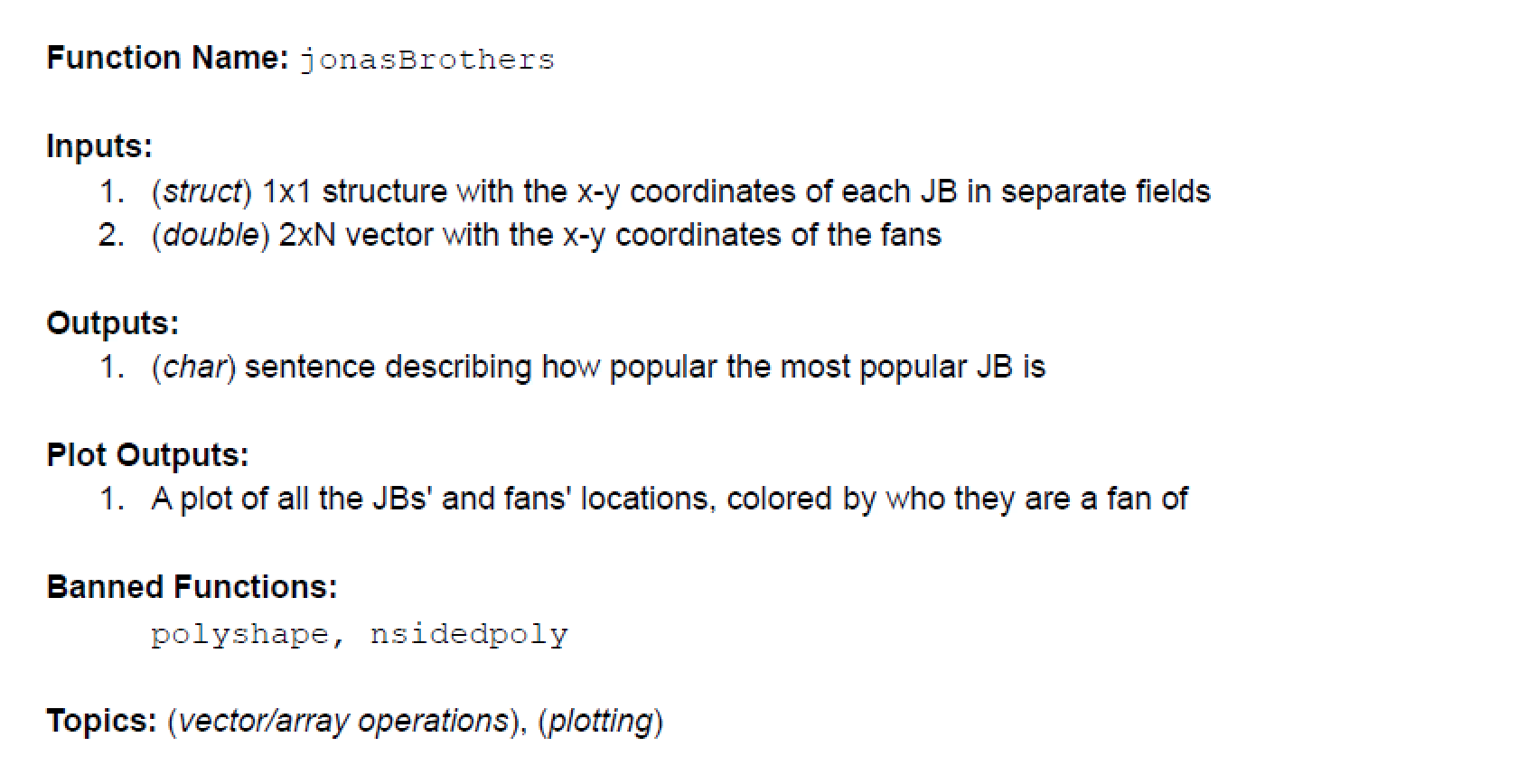 Function Name: jonasBrothers Inputs: 1. (struct) 1x1 | Chegg.com