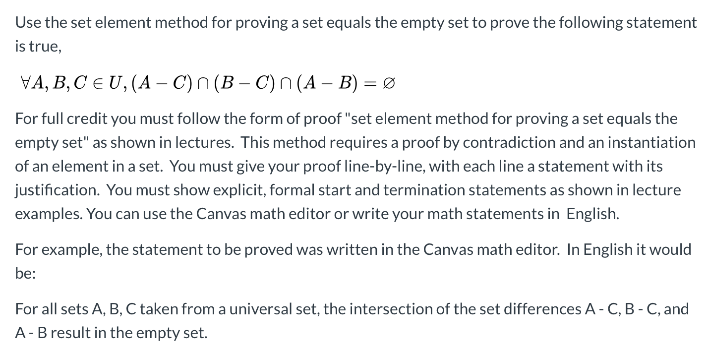 Solved Use the set element method for proving a set equals | Chegg.com