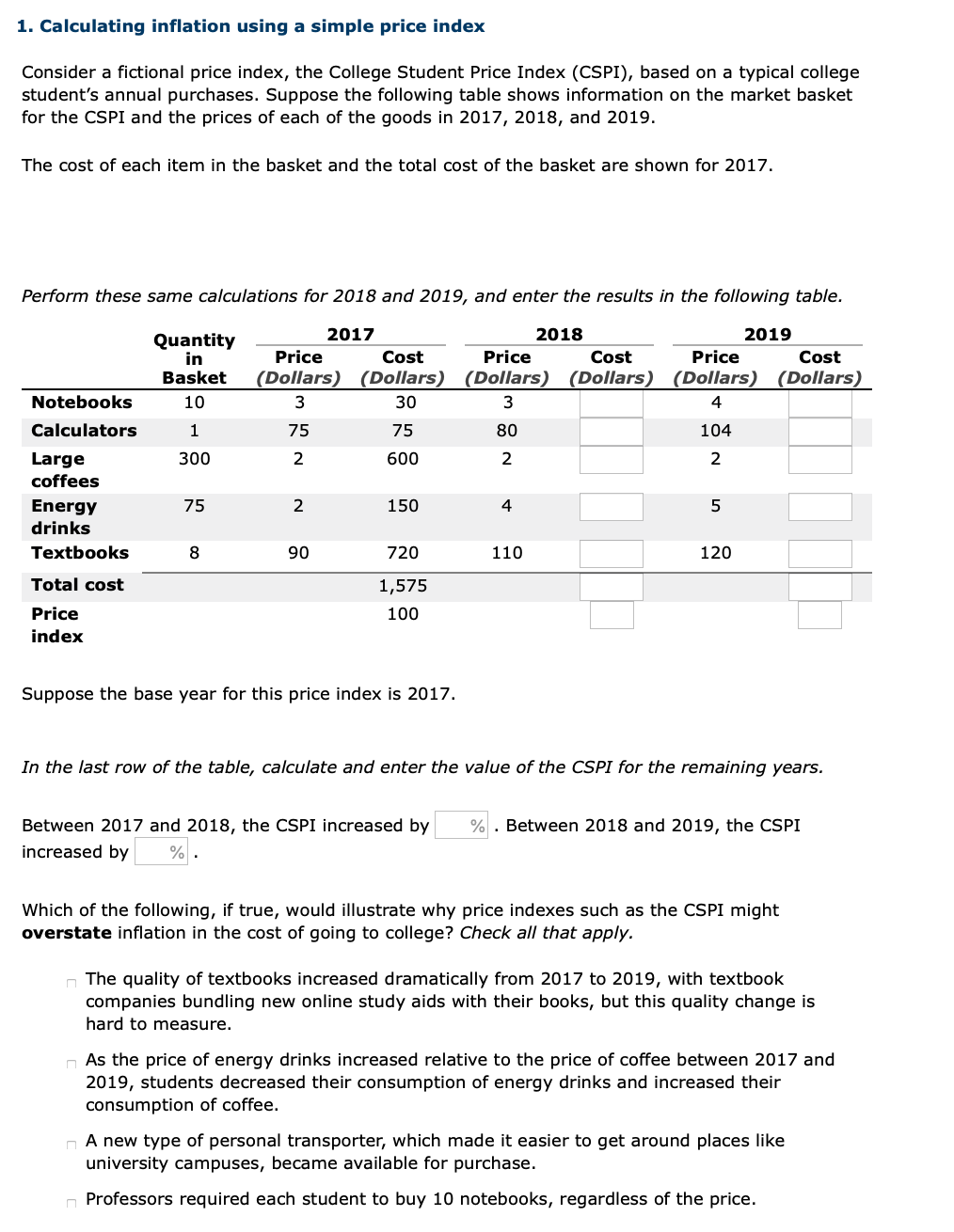 Solved 1. Calculating inflation using a simple price index | Chegg.com