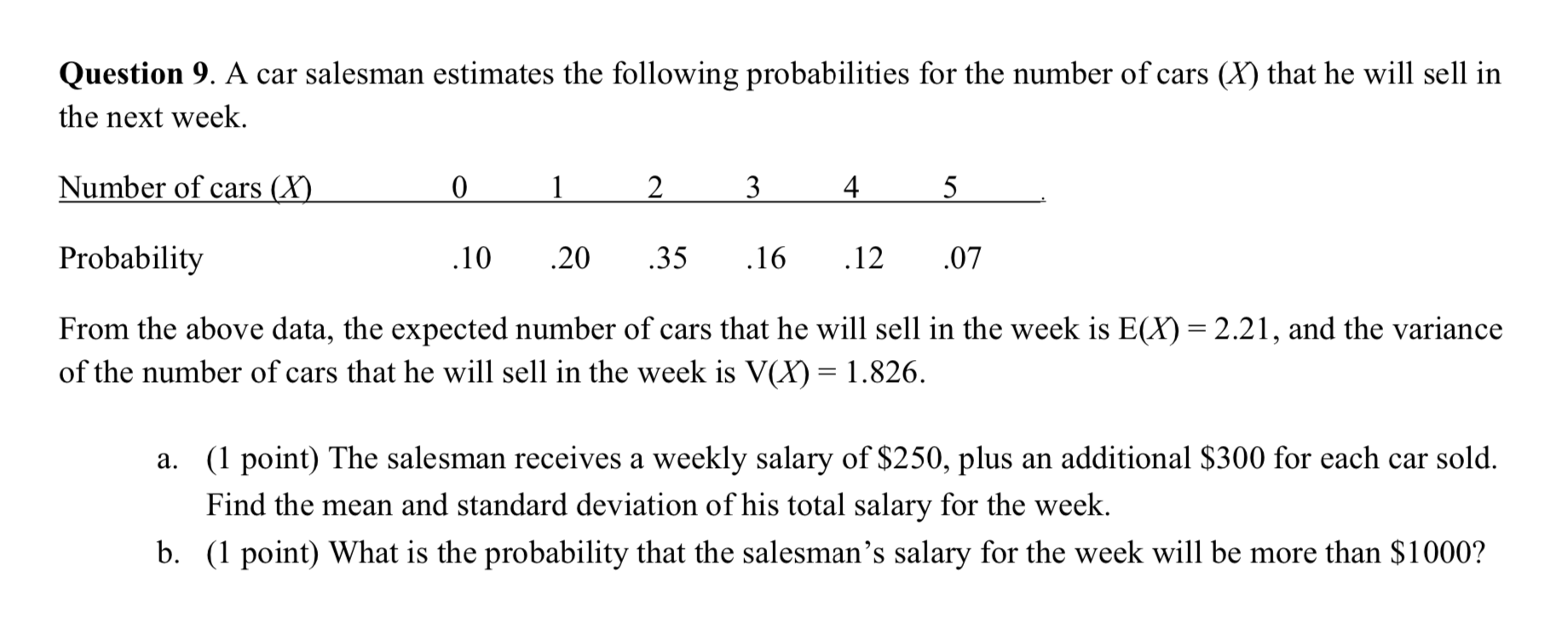 Solved Question 9. A car salesman estimates the following | Chegg.com
