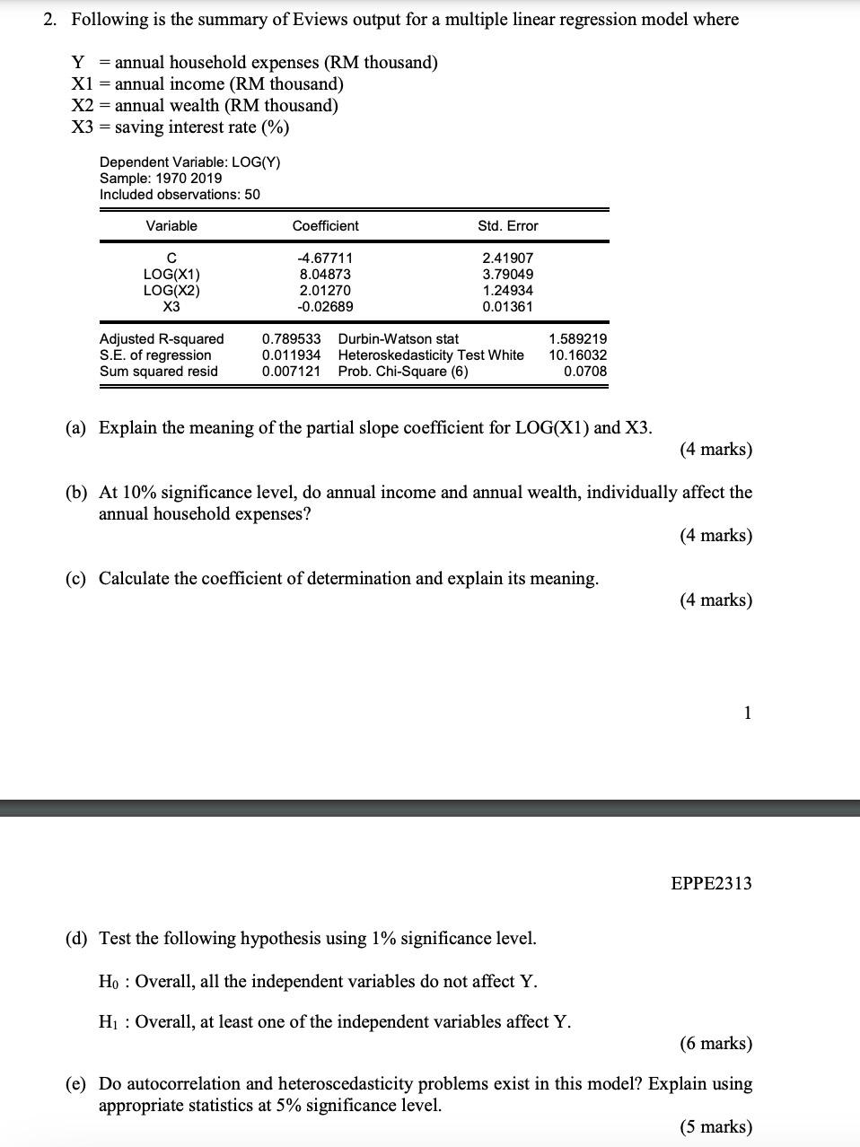 Solved 2. Following is the summary of Eviews output for a | Chegg.com