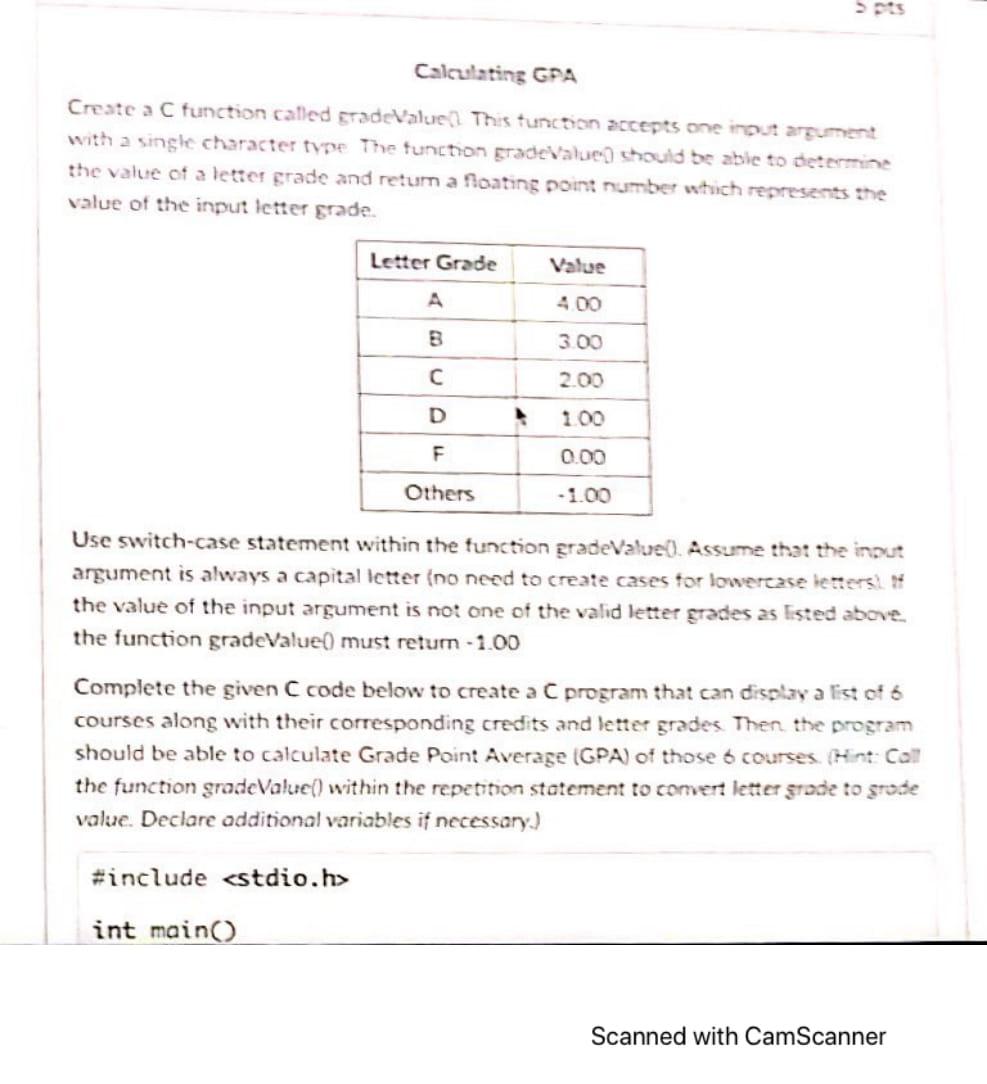 Solved Calculating GPA Create a C function called gradeValue | Chegg.com