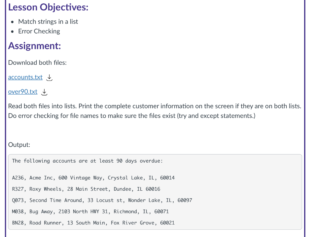 Solved Lesson Objectives: • Match strings in a list • Error | Chegg.com