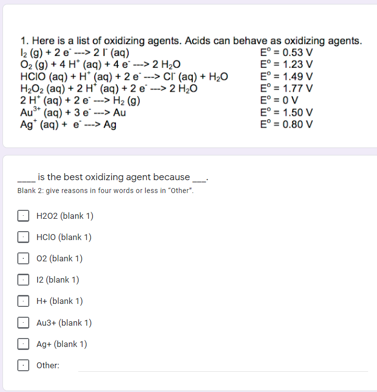 Solved 1. Here is a list of oxidizing agents. Acids can | Chegg.com