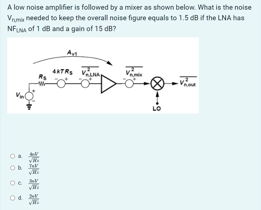 Solved A low noise amplifier is followed by a mixer as shown | Chegg.com