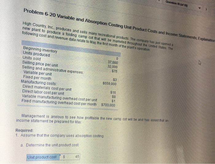 Solved Problem 6-20 Variable and Absorption Costing Unit | Chegg.com