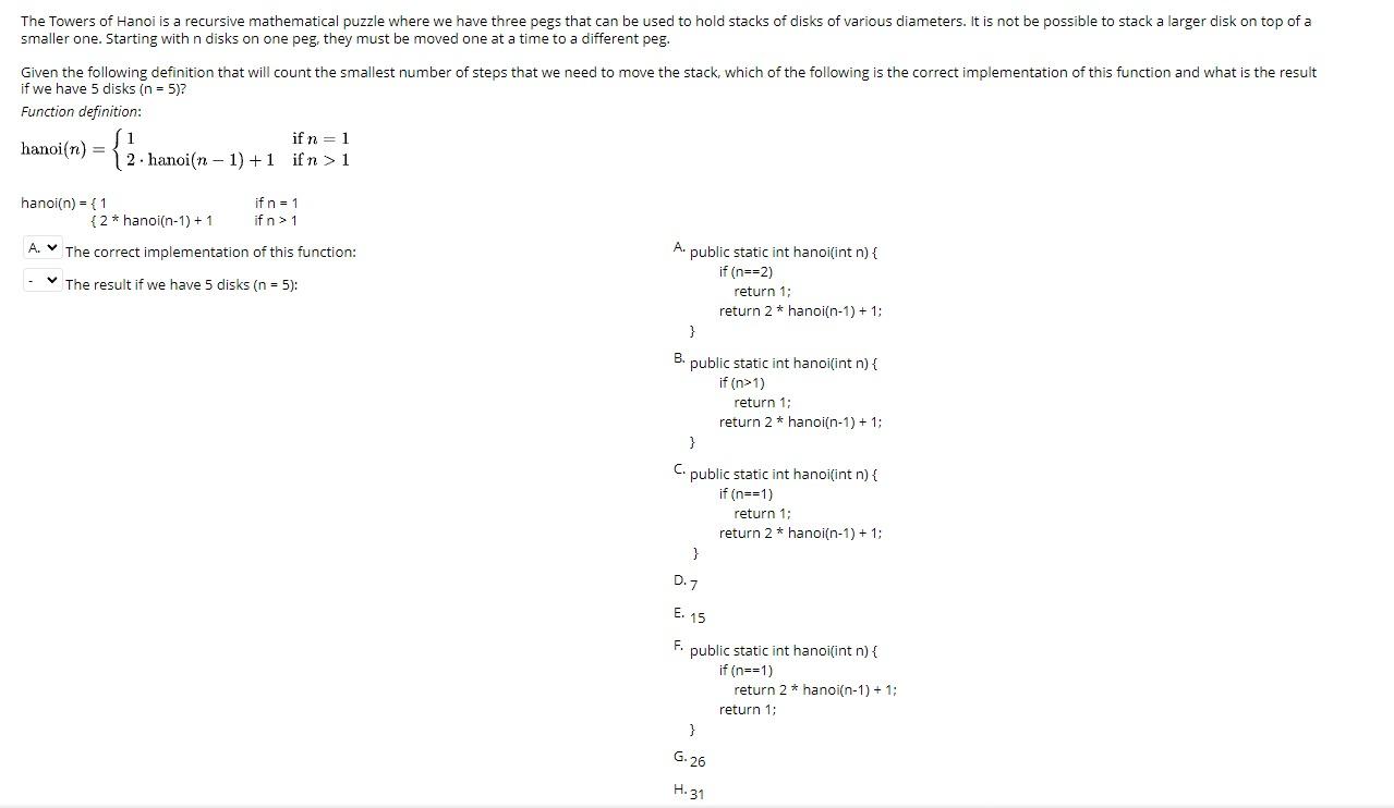 Solved The Towers of Hanoi is a recursive mathematical | Chegg.com
