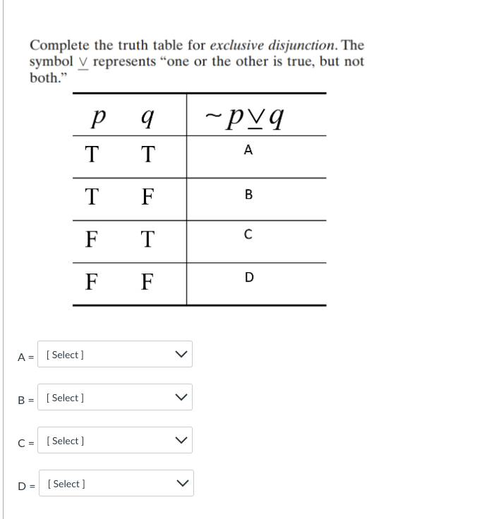 Solved Complete the truth table for exclusive disjunction. | Chegg.com