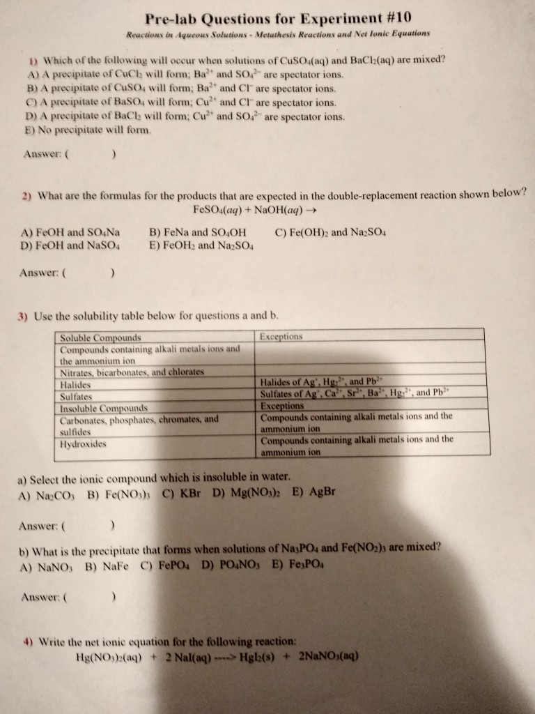 Solved Pre-lab Questions for Experiment #10 Reactions in | Chegg.com