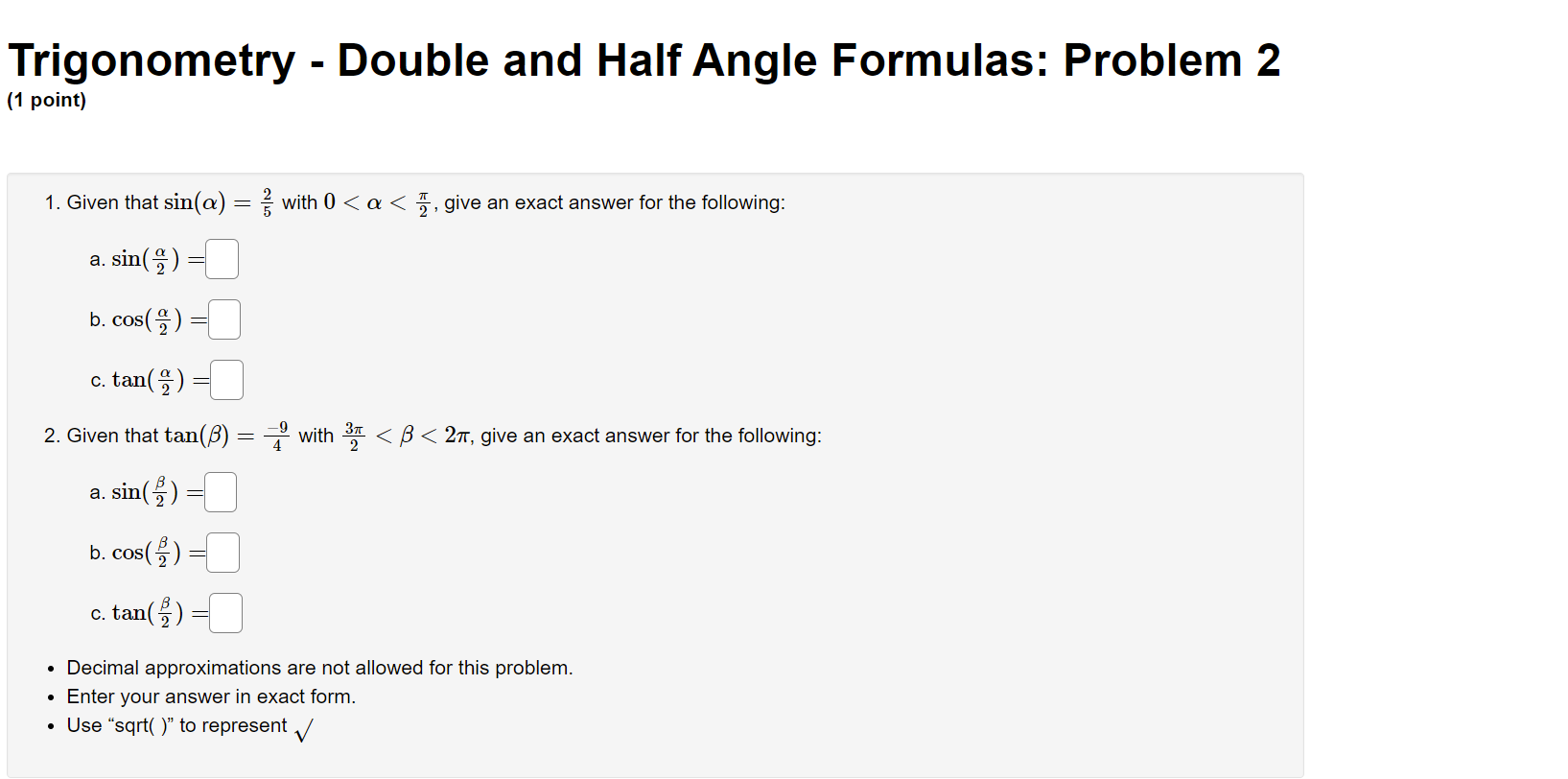 Solved Trigonometry - Double and Half Angle Formulas: | Chegg.com