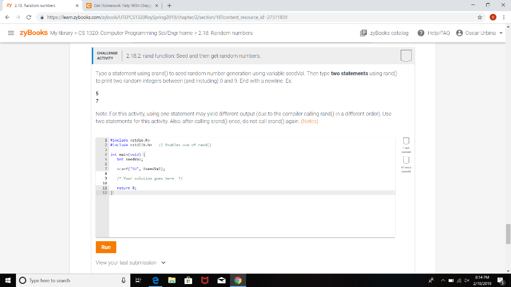 Solved zy 2.18. Random numbers xC Get Homework Help With | Chegg.com