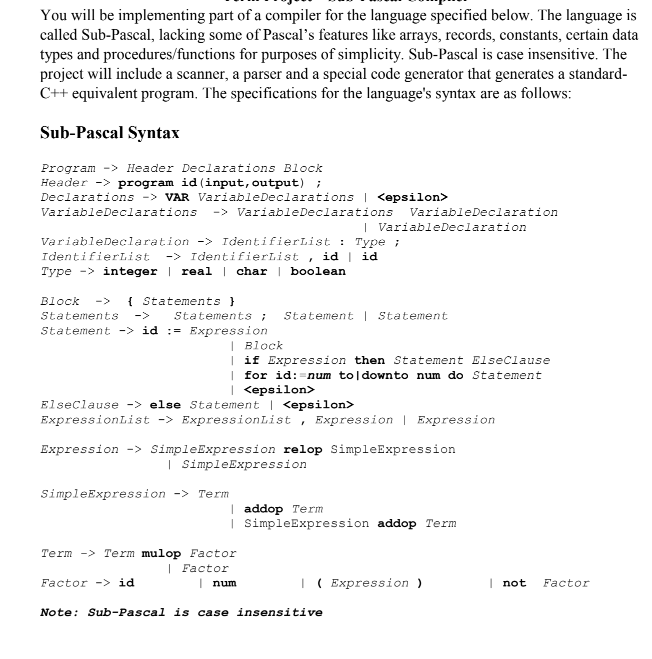 Solved You will be implementing part of a compiler for the | Chegg.com