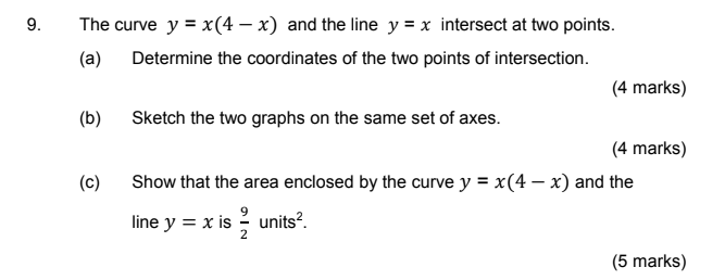 Solved 9. (b) The curve y = x(4 – x) and the line y = x | Chegg.com