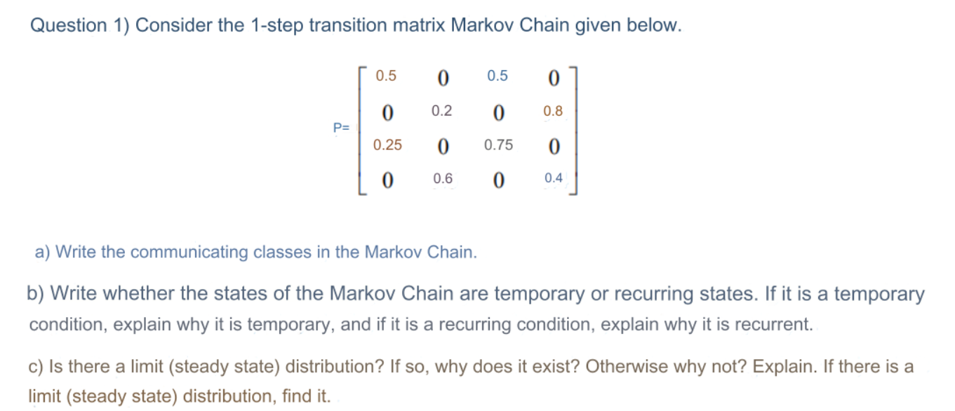 Solved Question 1) ﻿Consider the 1-step transition matrix | Chegg.com