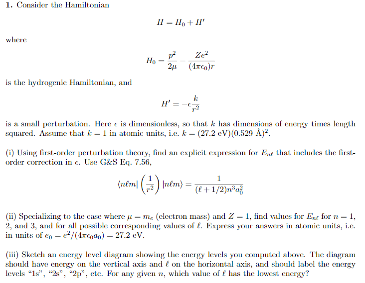 Solved 1. Consider the Hamiltonian H = H + H' where H, - p2 | Chegg.com