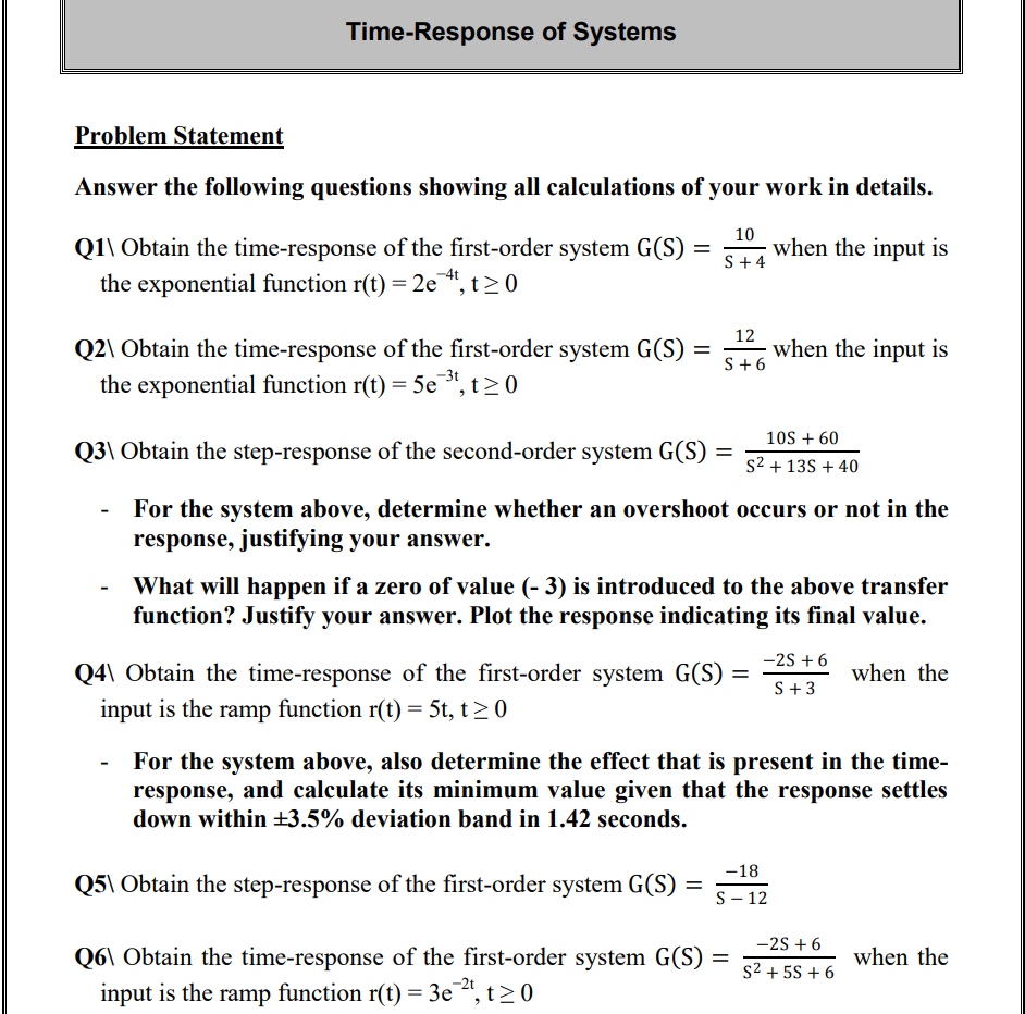 Solved Time-Response of Systems Problem Statement Answer the | Chegg.com