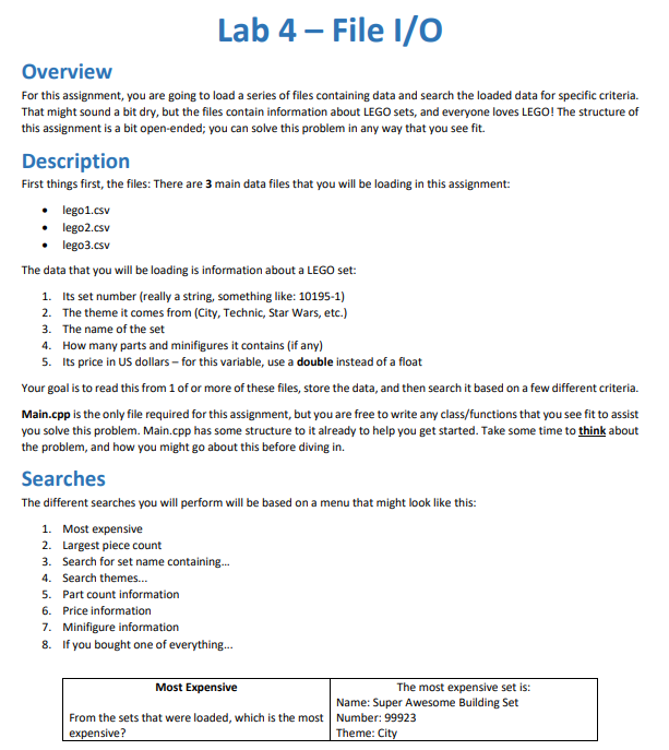 Solved Lab 4 - File I/O Overview For this assignment, you | Chegg.com