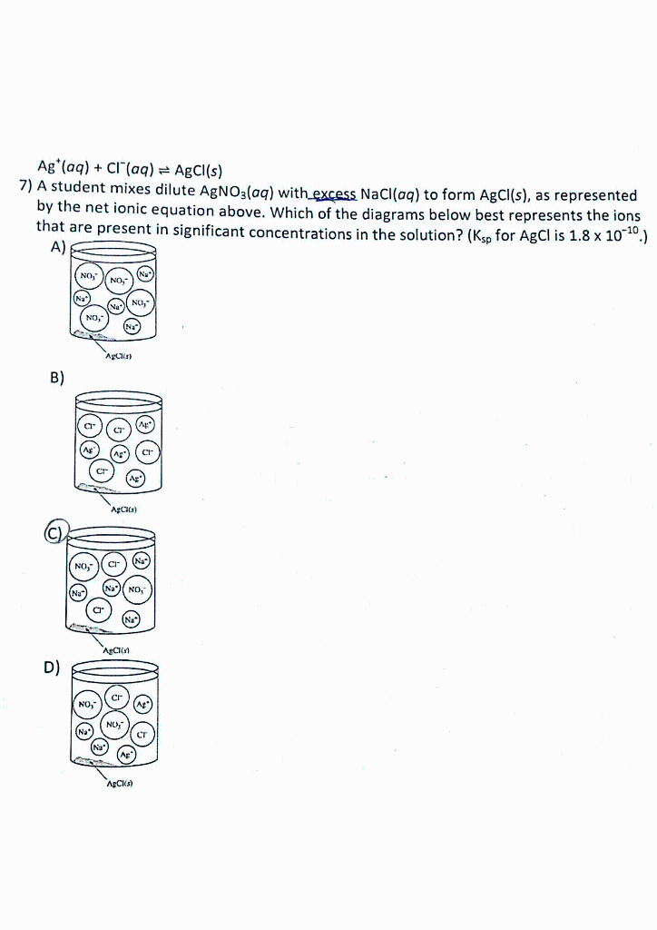 Solved Ag+ (aq) + Cl(aq) = AgCl(s) 7) A student mixes dilute | Chegg.com