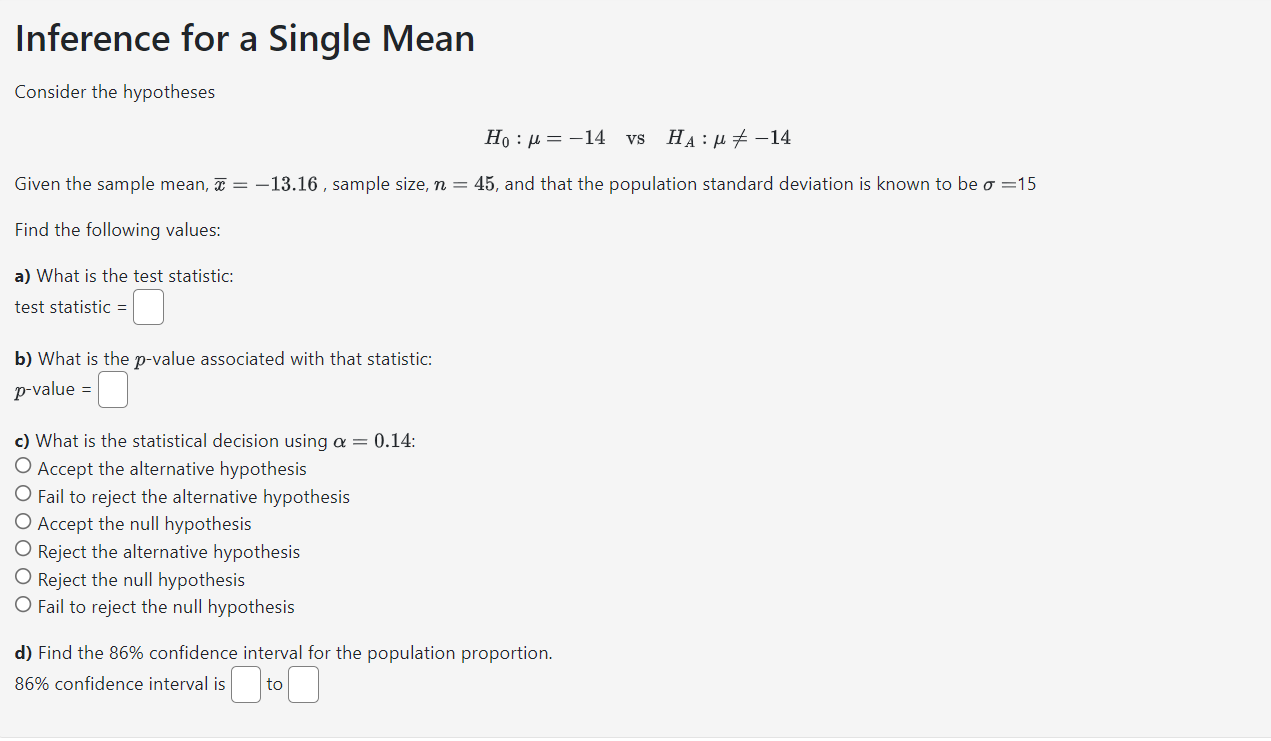 Solved Inference for a Single Mean Consider the hypotheses | Chegg.com
