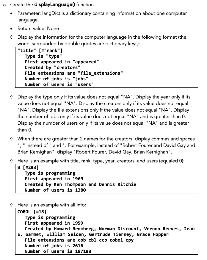 Solved - Create the displayLanguage 0 function. - Parameter: | Chegg.com