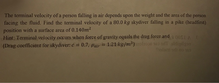 Solved The terminal velocity of a person falling in air | Chegg.com