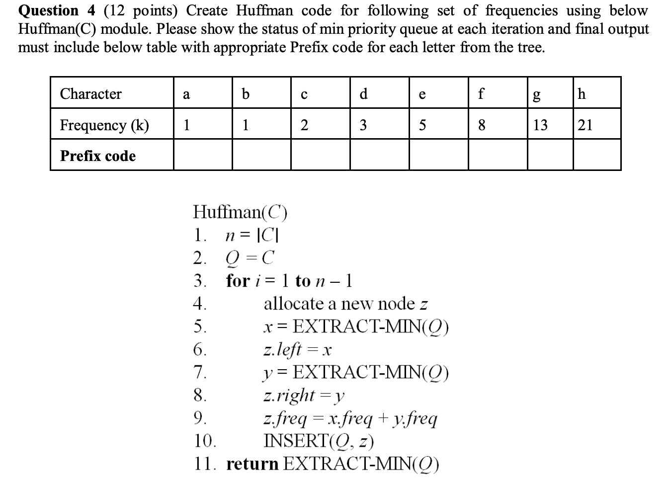 Question 4 (12 points) Create Huffman code for | Chegg.com