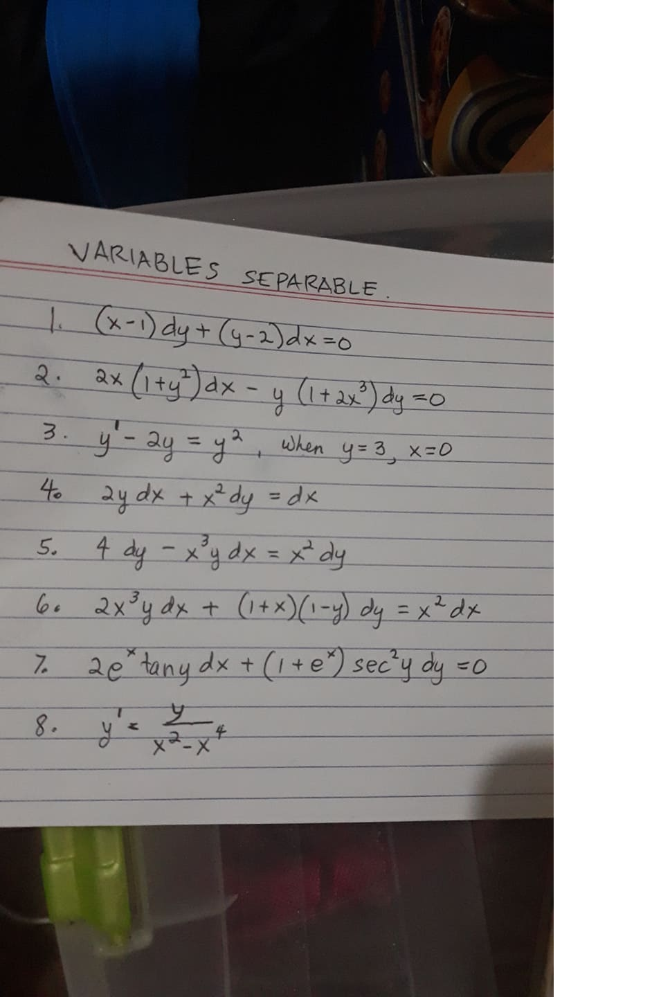 Solved VARIABLES SEPARABLE 1. (x-1) dy + (y-2)dx=0 2x (1+y?) | Chegg.com