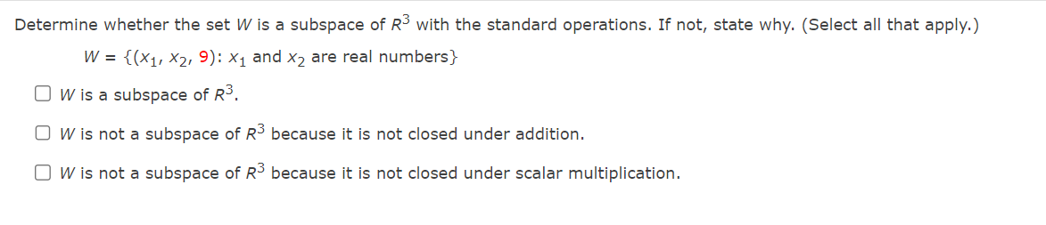 Solved Determine whether the set W is a subspace of R3 with | Chegg.com