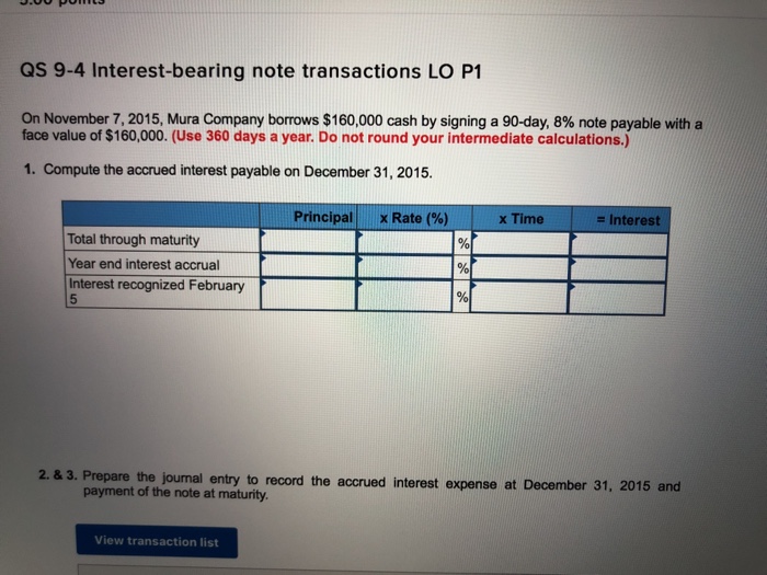 Solved QS 9-4 Interest-bearing note transactions LO P1 On | Chegg.com