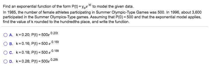 Solved Find an exponential function of the form P(t) = yet | Chegg.com