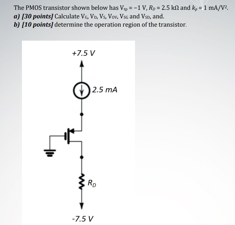Solved = The PMOS transistor shown below has Vtp = -1 V, Rp | Chegg.com