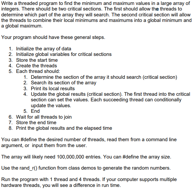Solved Write a threaded program to find the minimum and | Chegg.com