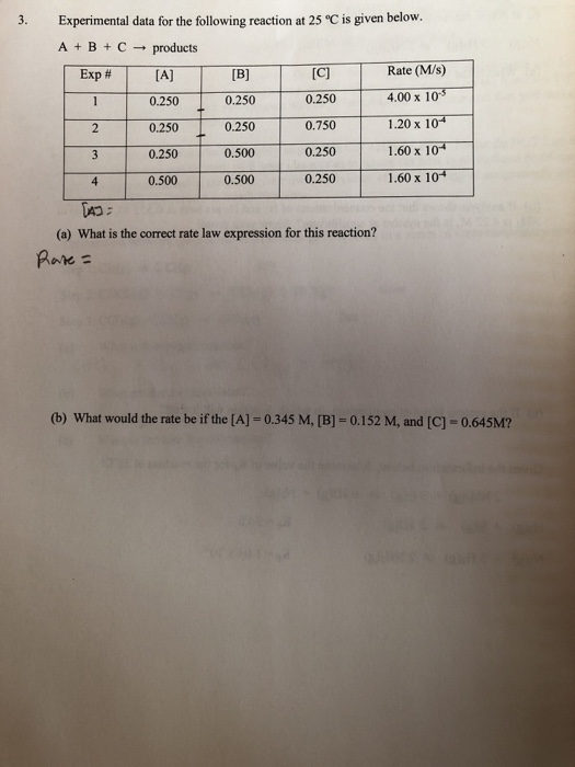 Solved 3. Experimental data for the following reaction at 25 | Chegg.com
